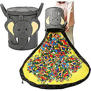 Toy Storage Basket with Lid and Play Mats, Large Toy Basket with Drawcord Foldable Children's Toy Storage Bag, Lego Toy Storage (Black)