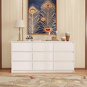 FAMAPY Chest of Drawers White Dresser No Handle, Modern 9 Drawer Dresser, Contemporary Style, 9-Drawer Cabinet Dresser for Bedroom (63" W x 15.7" D x 31.5" H)