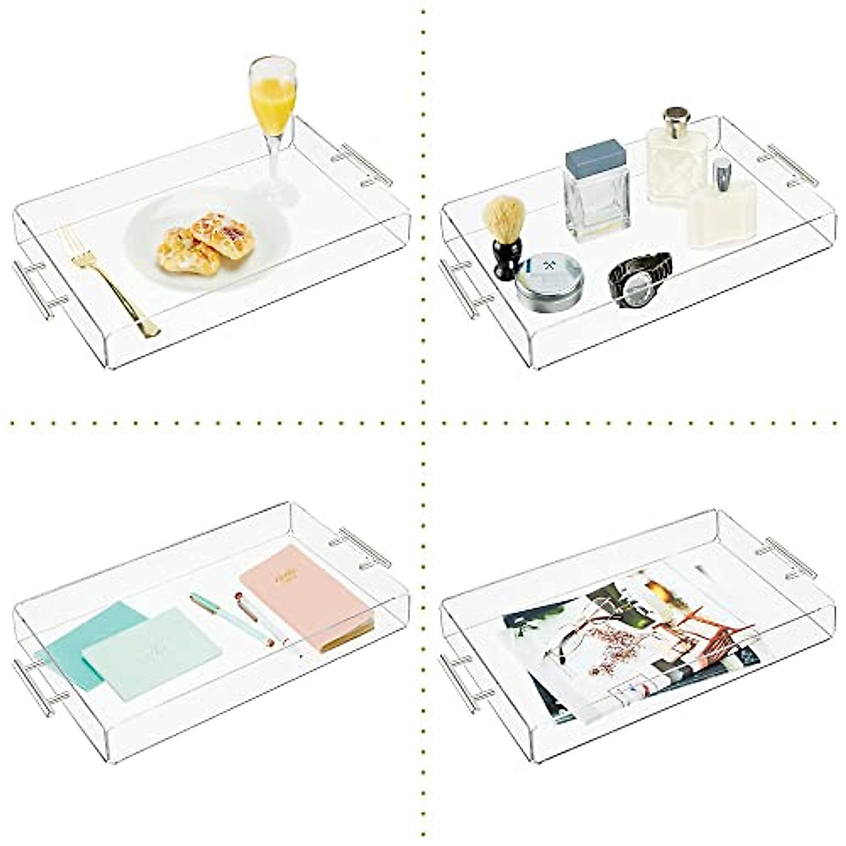 mDesign Modern Acrylic Rectangular Serving Tray with Handles for Food, Tea, Coffee, Breakfast, Snacks, Cheese, Appetizers - Use in Kitchen, Bathroom, Office - Small, 2 Pack - Clear/Stainless Steel