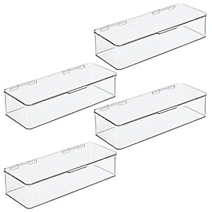 mDesign Long Plastic Kitchen Pantry/Fridge Storage Organizer Box Containers with Hinge Lid for Shelves or Cabinets, Holds Food, Snacks, Seasoning, Condiments, Flatware, Utensils - 4 Pack - Clear