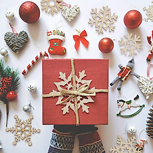 100 Pcs Christmas Unfinished Wooden Snowflake Ornaments Snowflake Hanging Cutouts Blank Wood Slices with Cord Craft Embellishments for Xmas Tree Decorations