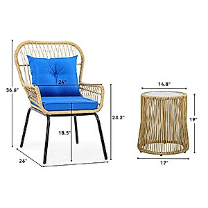 YITAHOME 3-Piece Outdoor Patio Furniture Wicker Bistro Set, All-Weather Rattan Conversation Chairs for Backyard, Balcony and Deck with Soft Cushions, Glass Side Table (Light Brown+Navy Blue)