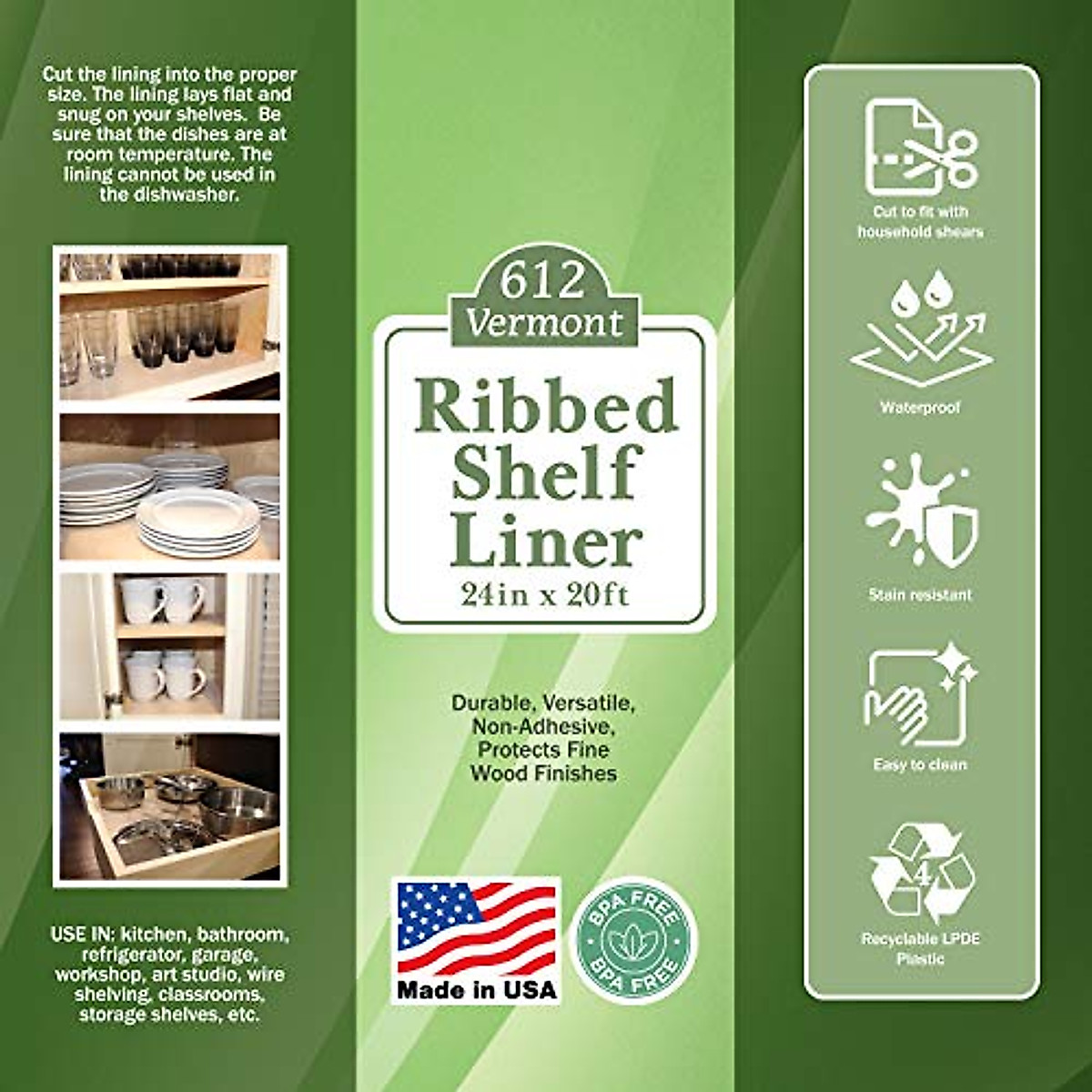612 Vermont 24" x 20' Clear Ribbed, Waterproof, Non-Adhesive Plastic Shelf Liner for Use in Kitchen Cabinets, Pantry, Wire Shelves, Under Sink, Refrigerators and More.