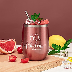Crisky Rose Gold 60 & Fabulous Wine Tumbler for Women 60th Birthday Gifts for Women, Wife, Mom, Sister, Aunt, Friends, Coworker Her, Vacuum Insulated Coffee Cup,12oz with Box, Lid, Straw