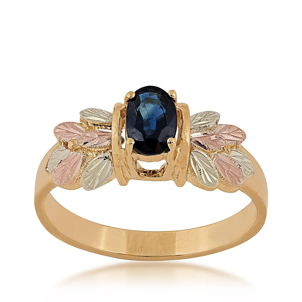 10k Yellow Gold Sapphire .53 with a Bouquet of 12k Green and Rose Black Hills Gold Hand Sculpted Leaves Size 9