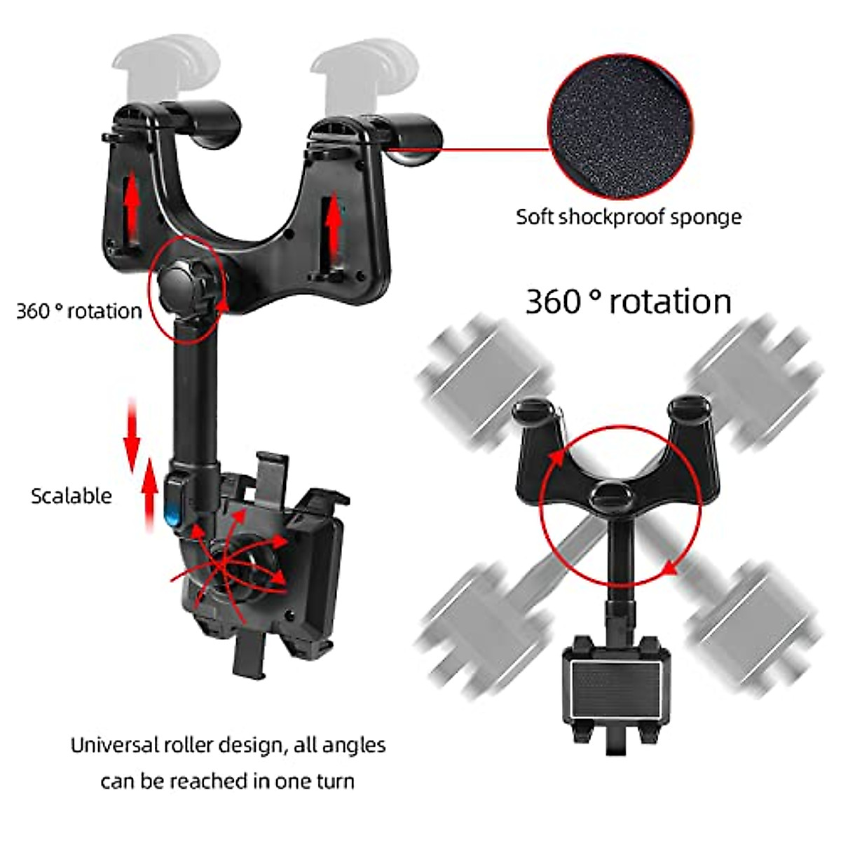 360° Rotatable and Retractable Car Phone Holder Mount Rearview Mirror Phone Holder for Car Rear View Mirror Mount Stand Multifunctional Adjustable Universal Phone GPS Holder for Mobile Phones