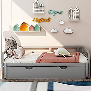 Altillo Twin Size Daybed, Wooden Daybed with Trundle Bed, Extendable Daybed, Sofa Bed with Trundle, Wood Daybed Twin Size for Living Room Bedroom (Grey)