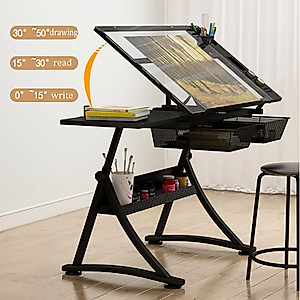 VejiA Glass Drafting Table, Height Adjustable Drawing Desk with Stool, Tiltable Desk Art Table 0°-50°, Tempered Glass Top Painting Desk, Art Craft Work Station, with