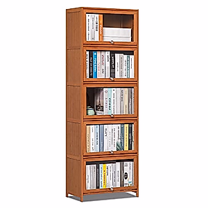 MoNiBloom Tall Narrow Bookcase with Acrylic Doors 5 Tier Free Standing Book Shelf Storage Organizer Save Space for Living Room Office, Brown