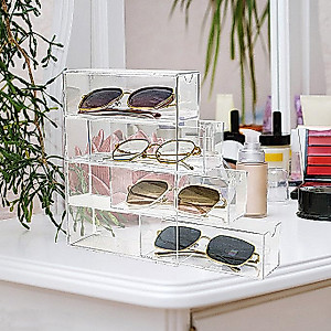 Fordonral Clear Plastic Sunglass Organizer, Transparent Glasses Holder 4 Storage Drawers, Sunglass Case Glasses Display Stand, Acrylic Organizers for Organizing Eyeglass, Hair Ties, Accessories