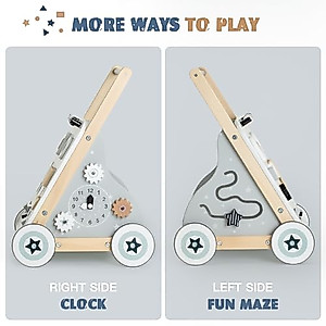 Wooden Baby Walker, Toddler Push and Pull Learning Activity Walker for Boys and Girls, Montessori Toys for 1+ Year Old, Kids Multi-Activity Learning Walker with Wheels