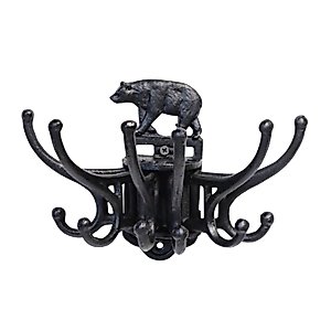 BestGiftEver Decorative Rustic Coat Hooks with Black Bear Accent - Free Spinning Movable Cast Iron Wall Hooks - Rustic Key Hook, Towel Holder, Bag and Coat Hanger for Wildlife and Woodland Theme.