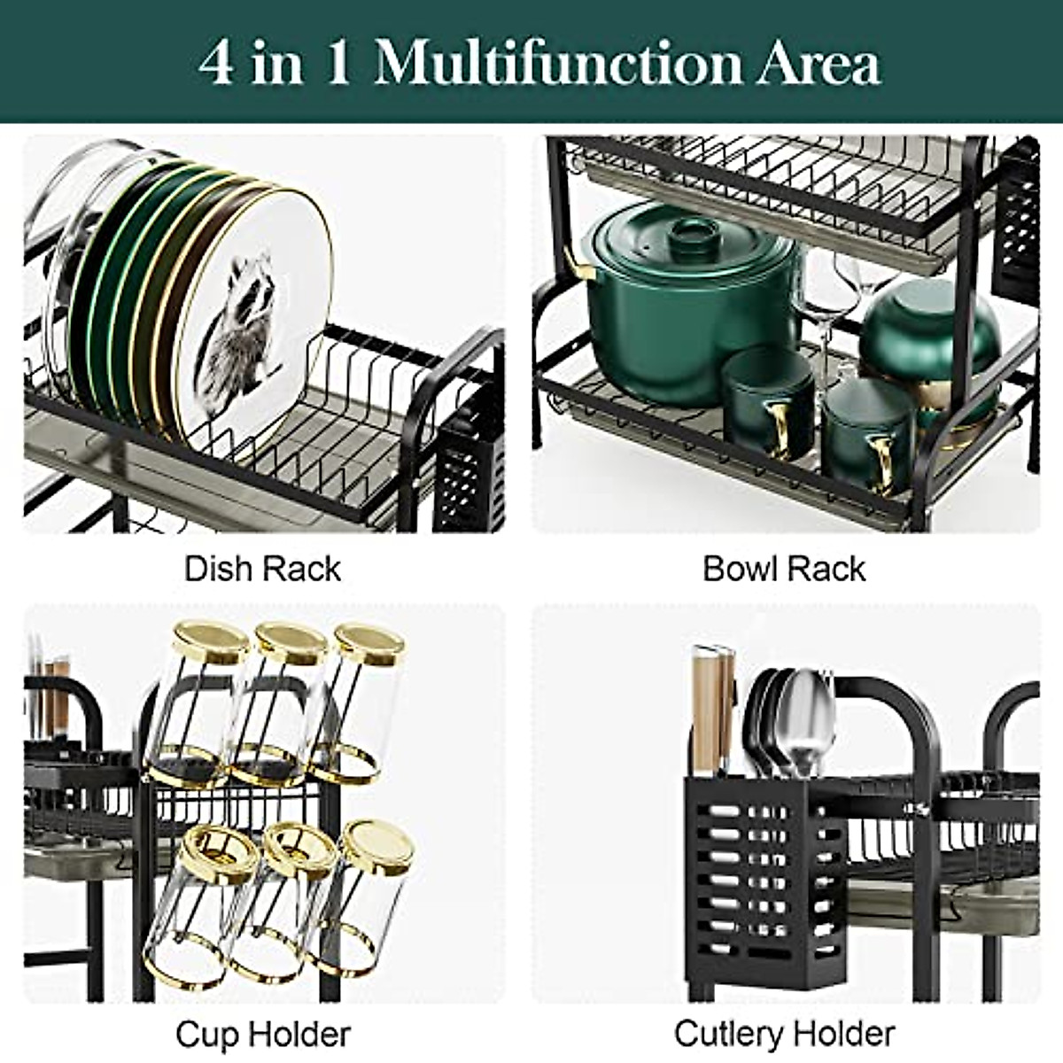 iSPECLE Dish Drying Rack for Kitchen Counter 2 Tier Dish Rack with Cup Holder, Dish Drainer with Drainboard and Utensil Holder Large Capacity for Small Kitchen Countertop Saving Space
