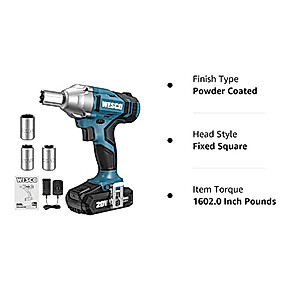 WESCO 20V Cordless Impact Wrench, 1/2",1602 In-lbs(180N.m),2.0A Li-ion Battery, LED Light 3 Pcs Drive Impact Sockets and 1 Hour Fast Charger