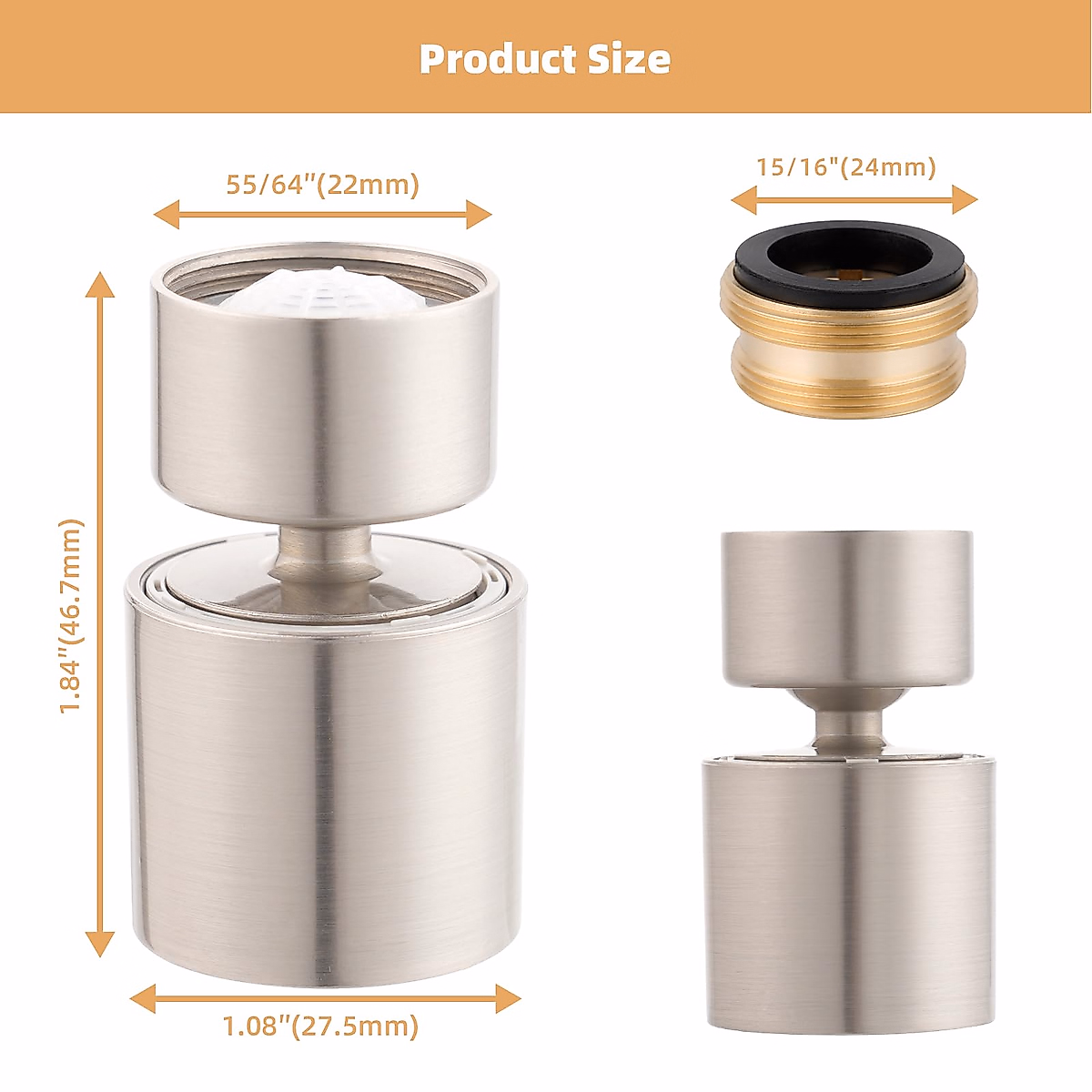 Hibbent NSF/ANSI/CAN 61 Certified Faucet Aerator, CUPC Certification 360 Degree Swivel Kitchen 2-Flow Sprayer Splash-Proof Water Saving Faucet Extender- 55/6 Inch-27UNS Female Thread, Brushed Nickel