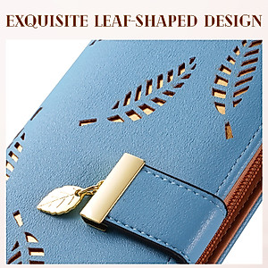 Sweet Cute Chocolate Women's Long Leaf Bifold Wallet Leather Card Holder Purse Zipper Buckle Elegant Clutch Wallet Handbag for Women-Blue