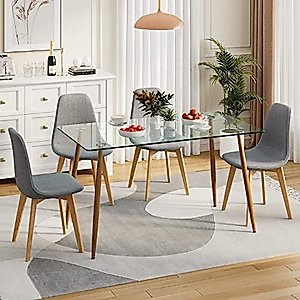 Tangkula 5 Pieces Dining Room Table Set, Modern Table & Chair Set for 5, 4 Grey Fabric Dining Chairs with Glass Dining Table for Small Living Room, Kitchen