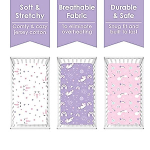 GROW WILD Crib Sheets Girl 3 Pack | Soft & Stretchy Jersey Cotton Fitted Crib Sheet Unicorn, White Pink Purple Baby Crib Sheets for Girl, Crib Mattress Sheet or Toddler Bed Sheets, Unicorn baby sheets