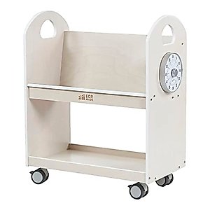 ECR4Kids Mobile Book Cart with Countdown Timer, Classroom Bookshelf, 29.3"D x 15.75"W x 34.25"H, White Wash