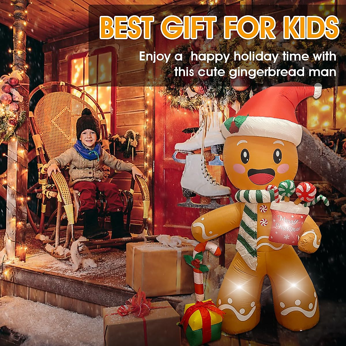 Aotiooy 8FT Christmas Inflatables Gingerbread Man Outdoor Decoration Candy Cane and Gift Box, Built-in LEDs Blow Up Inflatables for Christmas Outdoor Yard Decorations, Garden, Lawn,Indoor