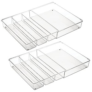 mDesign Plastic Adjustable/Expandable Divided Drawer Storage Organizer with 4 Compartments for Kitchen Pantry, Cupboard, Cabinet, Hold Silverware, Utensils, Cutlery - Ligne Collection - 2 Pack - Clear