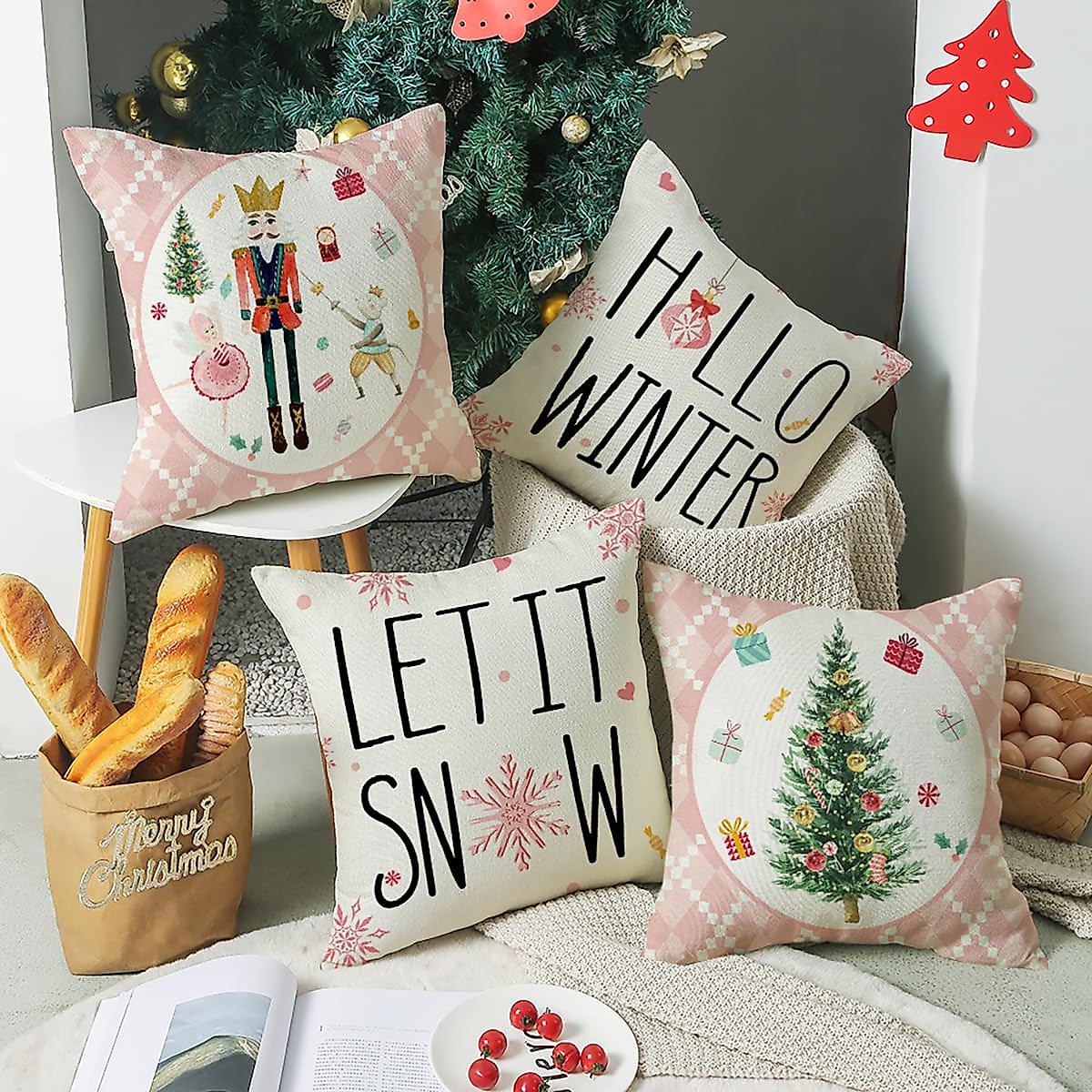wyooxoo Christmas Pillow Covers 20x20 Set of 4 Christmas Tree Pink Throw Pillow Covers Cushion Cases Winter Decorative Farmhouse Pillowcases for Sofa Couch Living Room Home Decor (20" x 20", Pink)