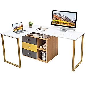 Tangkula 87 inch 2-Person Desk with 3 Storage Drawers & Shelves, Large Computer Desk, Multifunctional L-Shaped Desk Writing Desk Computer Workstation with Spacious Desktop, Home Office Desk