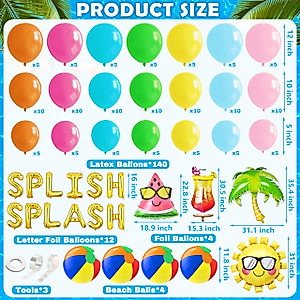 Tropical Hawaiian Luau Splish Splash Balloon Garland Arch Kit 160Pcs, Summer Pool Beach Party Decoration with Beach Ball Foil Balloon for Kids Aloha Pool Birthday Party Supplies (Summer-01)