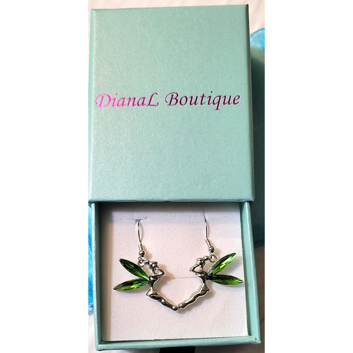 DianaL Boutique Tinkerbell Fairy Earrings Green Crystal Wings Gift Boxed Tinker Bell