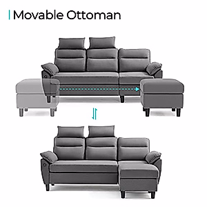 LINSY HOME Convertible Sectional Couch, 3 Seat L Shaped Sofa with 2 USB Ports and Storage Bags, Small Sectional Sofa Set for Living Room, Apartment, Dark Gray