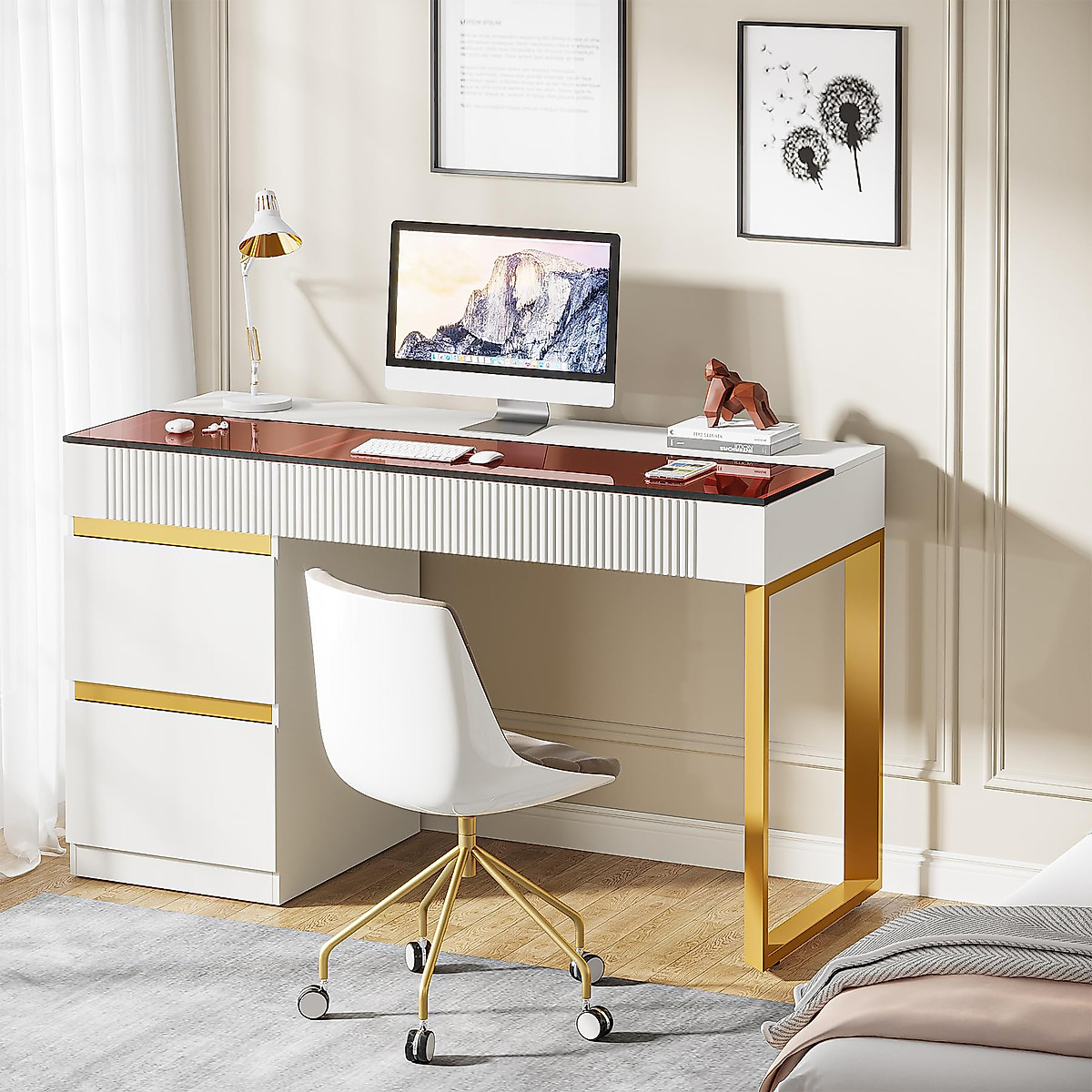 Tribesigns Computer Desk with 4 Drawers, 47 Inch Modern Home Office Desk with Glass Top, White and Gold Writing Workstation Desk with Storage, Makeup Vanity Table for Living Room, Bedroom