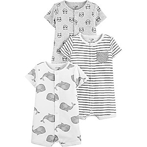 Simple Joys by Carter's Unisex Babies' Snap-Up Rompers, Pack of 3, Whales/Stripe/Panda, 6-9 Months