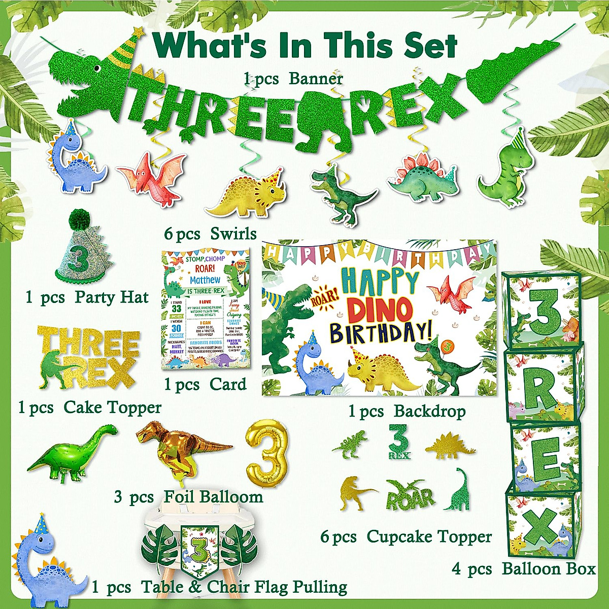 cocomigo 147pcs Three Rex Birthday Decorations Boy, Dinosaur Birthday Decorations 3 Year Old Boy Include Three Rex Balloons Banner Backdrop Etc, for 3 Rex Birthday Decorations Boys and Grils