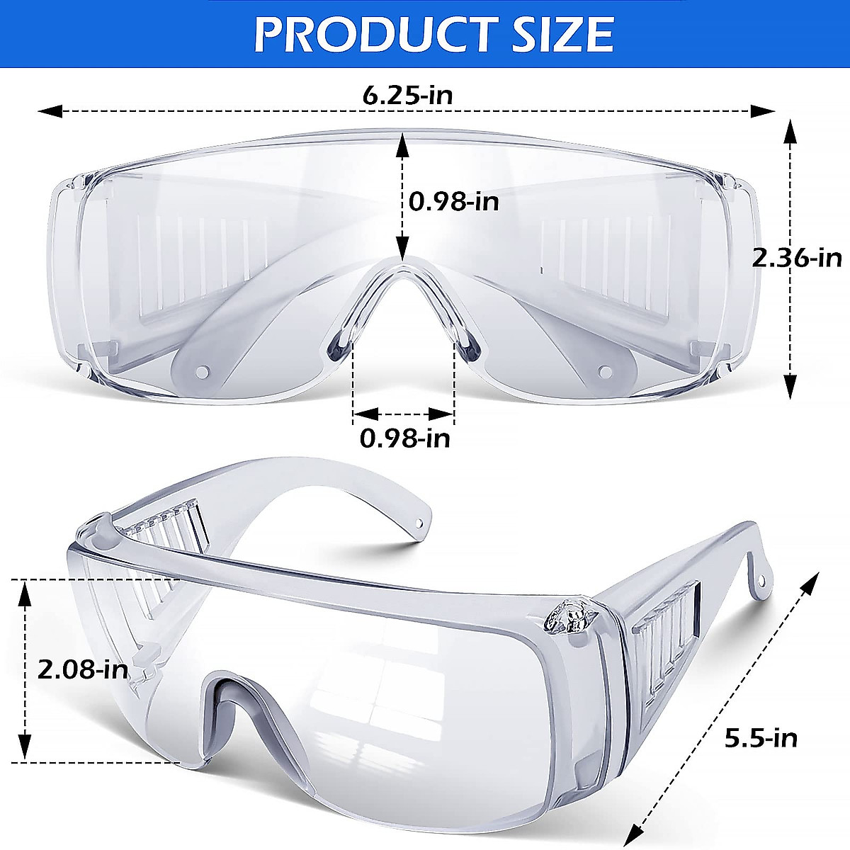 OXG 6 Pack Safety Glasses Over Eyeglasses Anti-Fog, ANSI Z87.1 Clear Safety Goggles Eye Protection Glasses for Men and Women Construction, Labs, Shooting