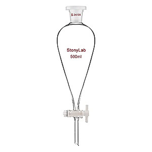 stonylab Borosilicate Glass 500 ml Heavy Wall Conical Separatory Funnel with 24/29 Joints and PTFE Stopcock, 500 ml