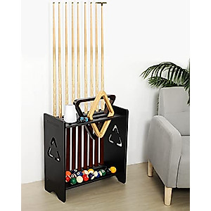 EXTCCT Pool Stick Holder Floor Stand- Billiards Pool Cue Rack Oak Solid Wooden Holds 9 Cues and Pool Table Accessories Organizer with Chalk Cone Holder for Game Room Club or Men Cave