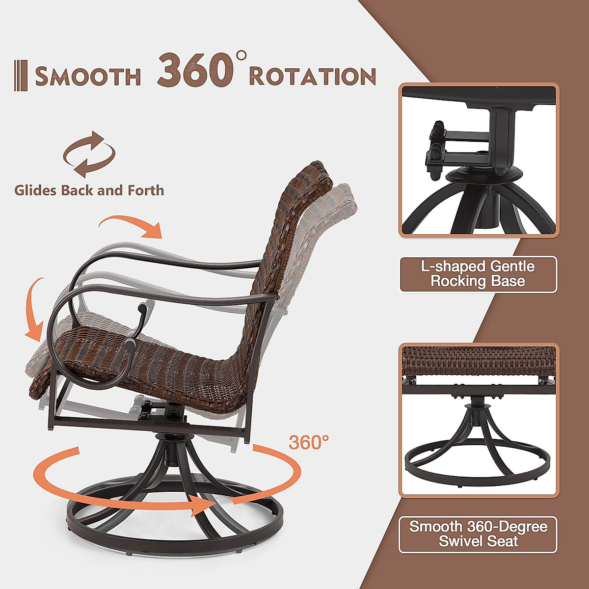 EROMMY Patio Swivel Chairs Set of 2, Heavy Duty Outdoor Dining Chair with 23.5'' High Back, Extra-Large Water-Fall Seat, Rattan Wicker Porch Chair Gentle Rocker for Outside Dark Brown