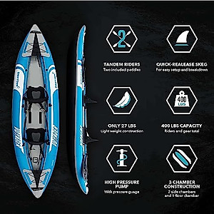 Driftsun Voyager Inflatable Kayak 2 Person Tandem, Foldable Kayaks for Adults Includes 2 Aluminum Paddles, 2 Padded Seats, Double Action Pump and Travel Backpack