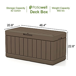 Patiowell 82 Gallon Resin Deck Box, Waterproof Large Wood Look Storage Box for Patio Furniture, Pool Accessories, Garden Tools and Sports Equipment, Lockable, Brown