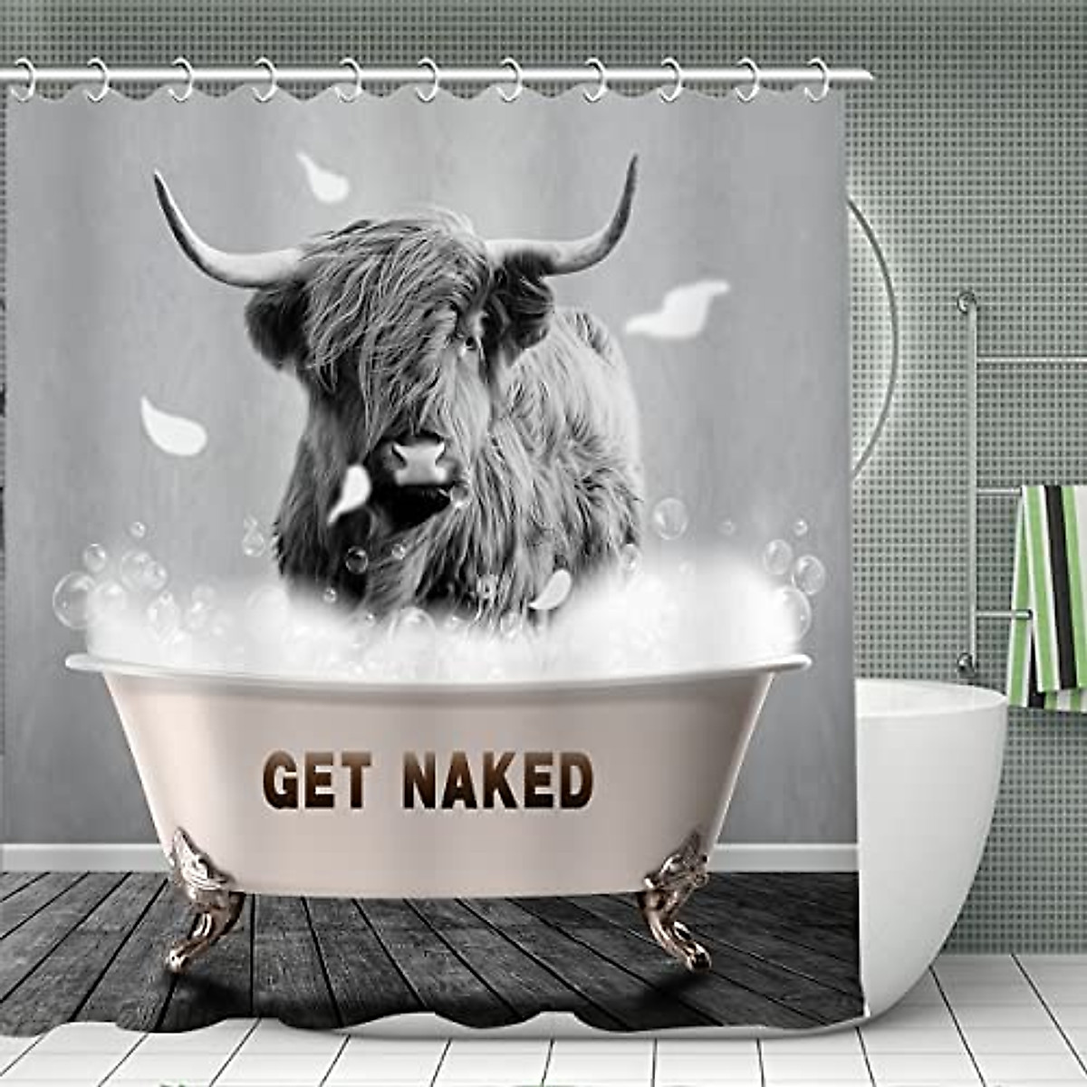 NEWSWELL 4pcs Bathroom Set Highland Cow Bull Shower Curtain 70.8 X 70.8Inch, Get Naked Grey Western Farmhouse with Blanket and Toilet Cover Bath Mat,Polyester Fabric Waterproof 12 Pack Plastic Hooks