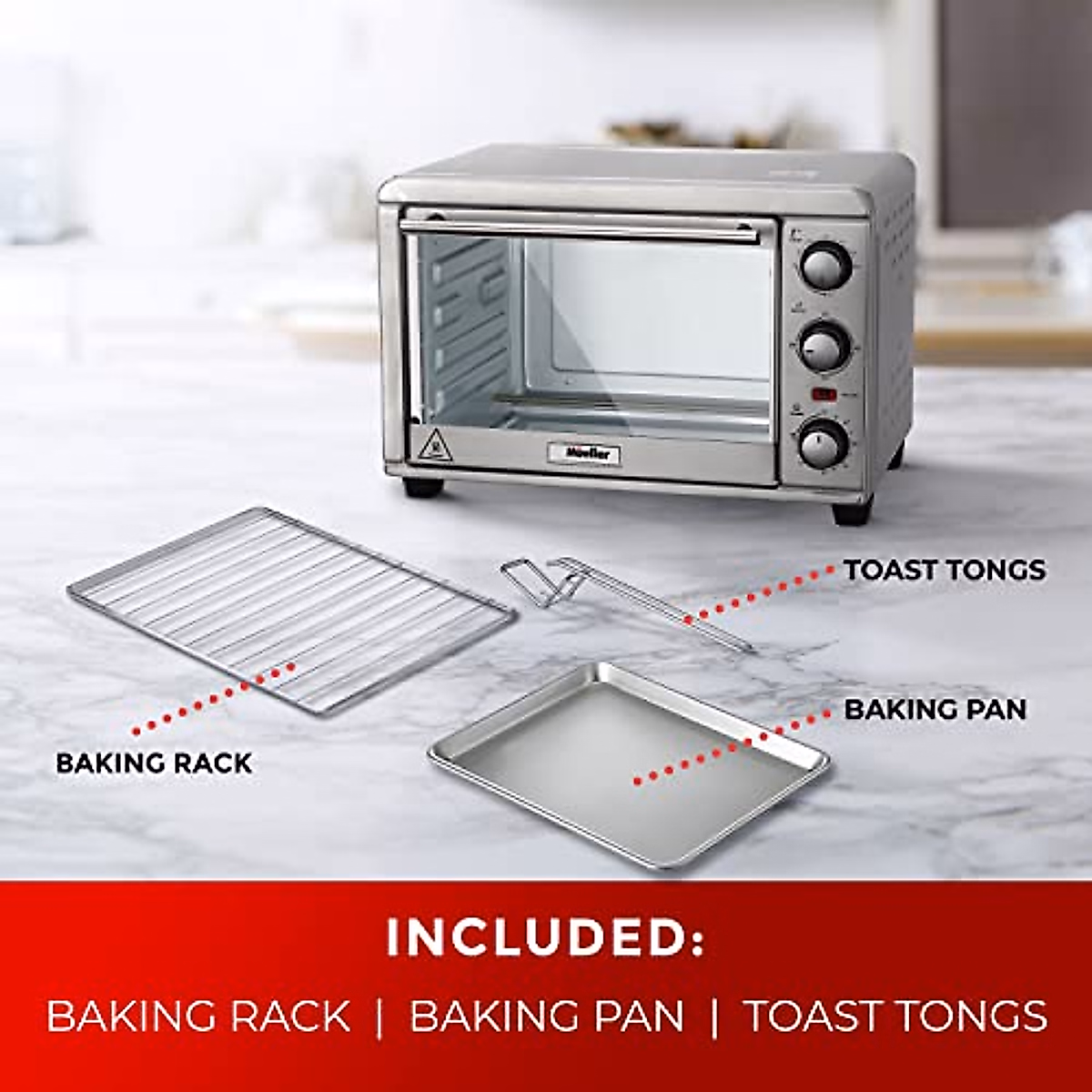 Mueller AeroHeat Convection Toaster Oven, 8 Slice, Broil, Toast, Bake, Stainless Steel Finish, Timer, Auto-Off - Sound Alert, 3 Rack Position, Removable Crumb Tray, Accessories and Recipes