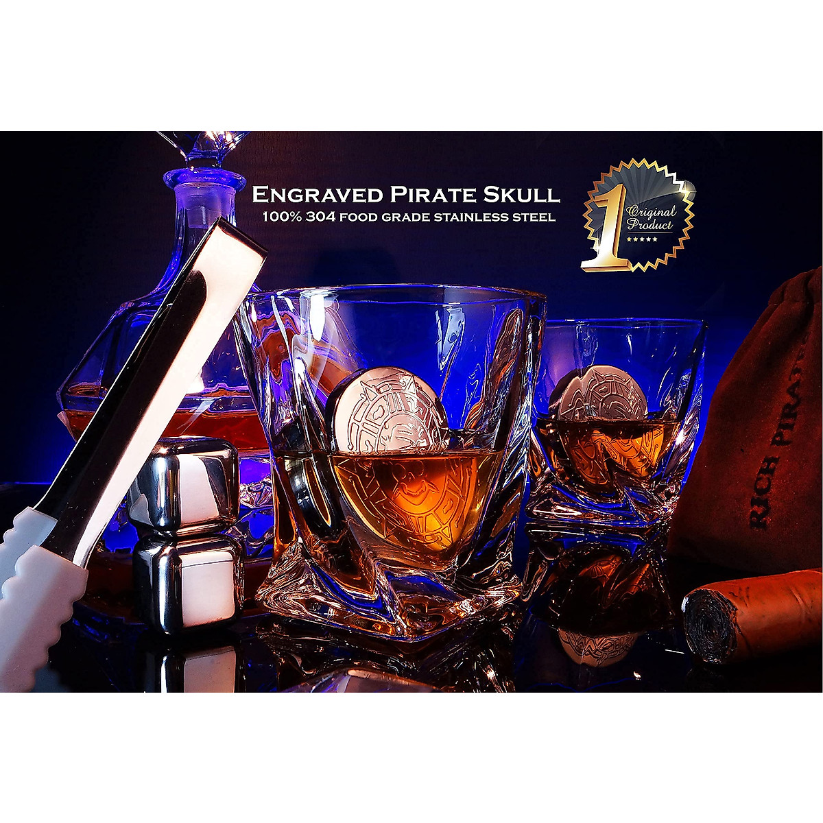 New Pirate Themed Silver Whiskey Decanter and Coin Set, Stainless Steel Whiskey Chilling Stones | 6pc Set with Chest | Whiskey Gift for Men, Dad, Husband, Boyfriend