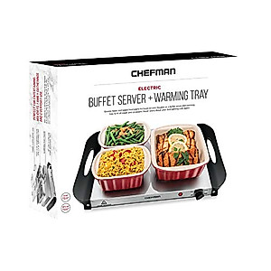 Chefman Electric Buffet Server + Warming Tray w/Adjustable Temperature & 3 Chafing Dishes, Hot Plate Perfect for Holidays, Catering, Parties, Events & Home Dinners, 14" x 14" Surface, Stainless Steel