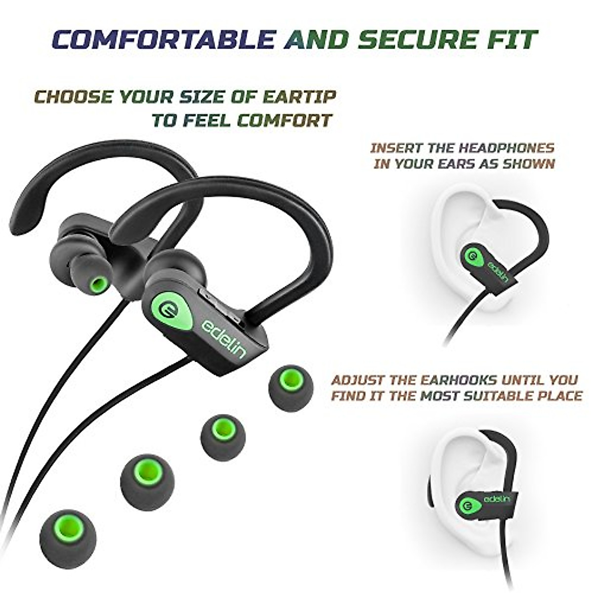 Edelin Bluetooth Headphones - Wireless Earbuds with Mic HD Stereo Noise Cancelling Waterproof IPX7 for Sport Running Gym - Earphones Compatible iPhone 8 X Samsung Galaxy S9 Android iOS - Headset
