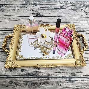 Hamphinee Rectangle Antique Decorative Mirror Tray, Perfume Organizer, Jewelry Dresser Organizer Tray & Display, Makeup Organizer Vanity Tray, Serving Tray, 9.3"x14.9", Gold