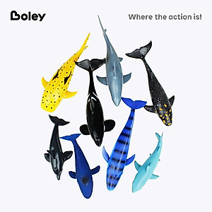 Boley Great Sea Creatures 8-Pack: 7-10" Soft Plastic Ocean Animal Figurines - Realistic Shark, Whale, Dolphin Toys - Educational & Sensory Playset for Kids, Party Favors, Classroom Supplies