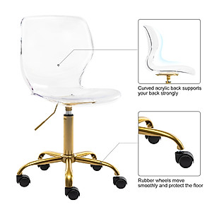 HOMEFUN Clear Chairs Acrylic Desk Chair Rolling Transparen Vanity Chair Armless Swivel Chair Height Adjustable Ghost Chair Molded Plastic Home Office Chair with Wheels, New Clear with Golden Feet