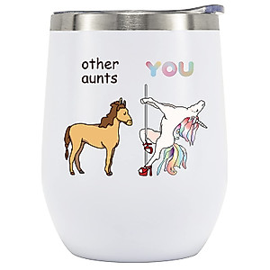 Crisky Funny Unicorn Wine Tumbler Birthday Gifts for Aunt from Niece/Nephew-Unique Gifts for Aunt Birthday Christmas Thanksgiving 12oz Vacuum Insulated Tumbler with Box, Lid, Straw