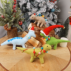 Juegoal Christmas Felt Dinosaurs Ornaments Set of 4, Xmas Wool Dinosaur Hanging Decor, Felt Animal Crafts Woodland Cute Christmas Tree Wreath Decor for Home Dinosaur Themed Birthday Party Supplies