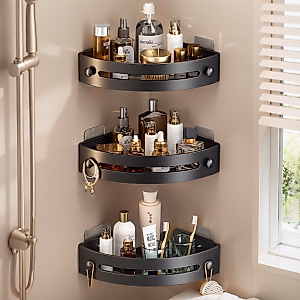 Bathroom Corner Shower Rack, Self-Adhesive Wall-Mounted Corner Shower Rack, Bathroom Corner Storage Rack, Corner Rack in Shower Room, for Storing Bathroom Toiletries (Black Three-Layer)